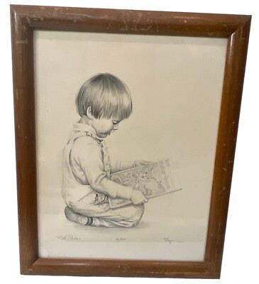 Vintage art drawing by artist Bob Giese. Framed. Little boy reading ...