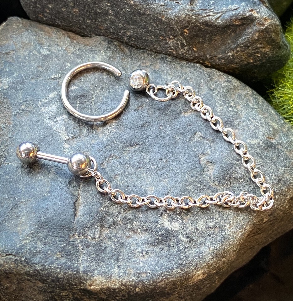 Steel Chain Linked Gem Captive Bead Ring Cartilage Tragus Helix Barbell ...