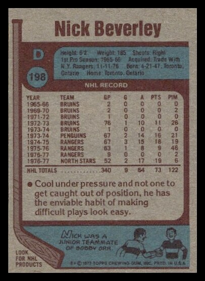 1977 Topps #198 Nick Beverley Minnesota North Stars Hockey card NM+ | eBay
