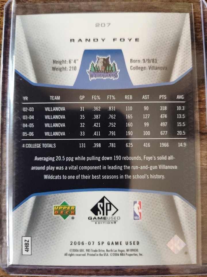 2006-07 SP Game Used Edition Randy Foye Rookie RC 915/999 #207 ...