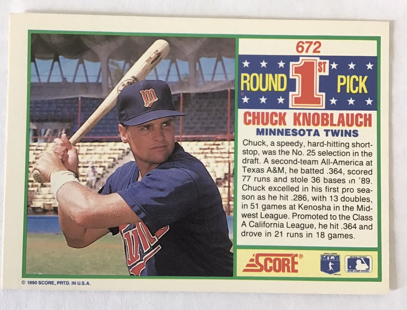 1990 Score #672 Chuck Knoblauch - Minnesota Twins - Rookie | eBay