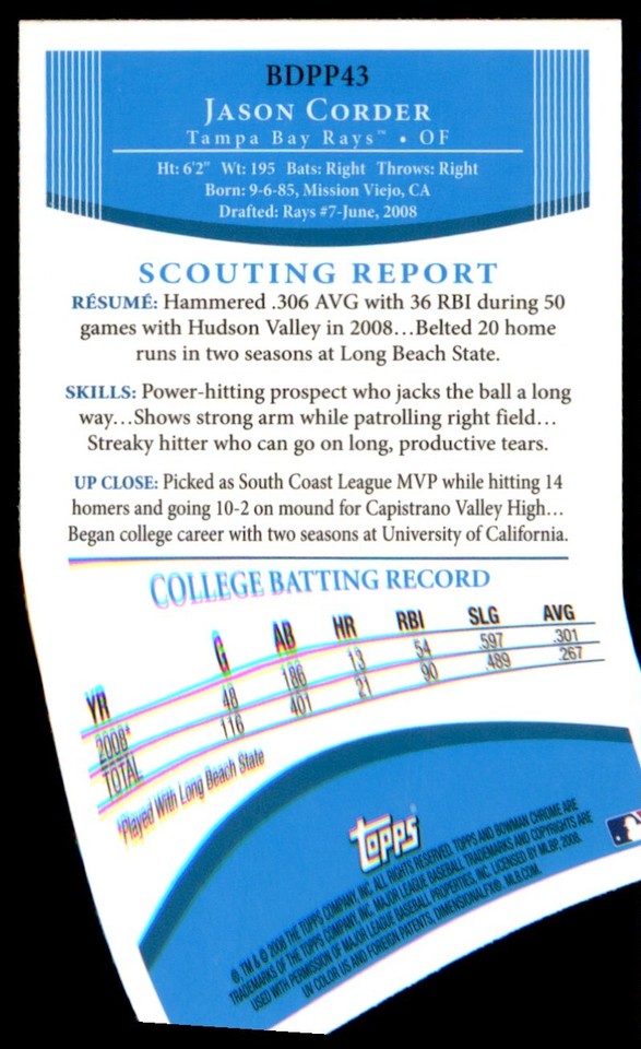 2008 BOWMAN DRAFT PICKS & PROSPECTS CHROME JASON CORDER TAMPA BAY RAYS ...