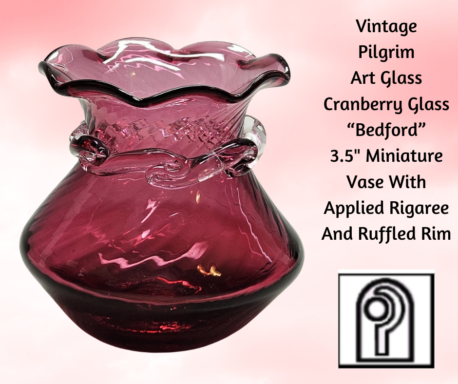 Vtg PILGRIM Art Glass Cranberry Glass 3" Vase W/Applied Rigaree-BEDFORD ...