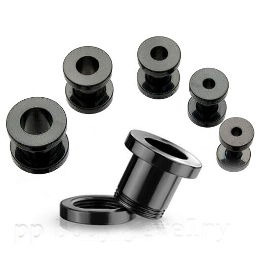 PAIR 16g-00g Black Titanium Anodized 316L Steel Screw Fit Flesh Tunnel ...