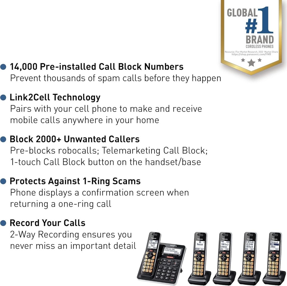 Panasonic Cordless Phone with Advanced Call Block, Link2Cell Bluetooth ...