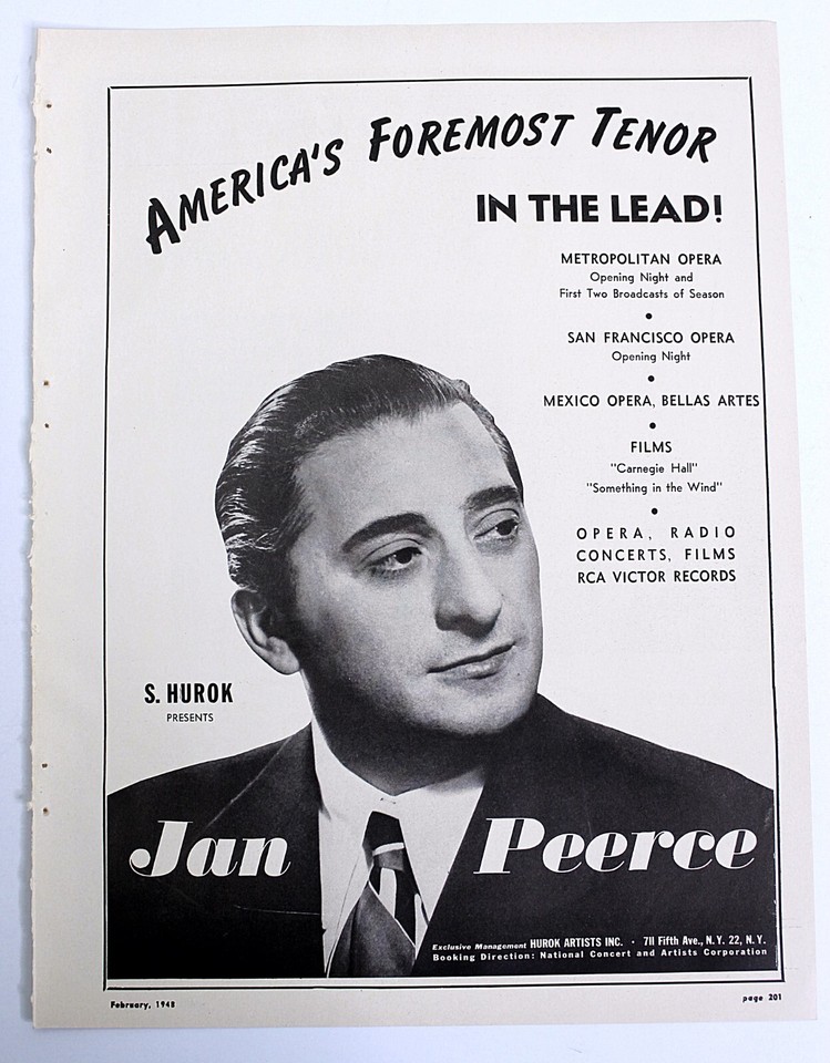 JAN PEERCE Opera Tenor 1940s Booking Ad Concert Orchestra Performer | eBay