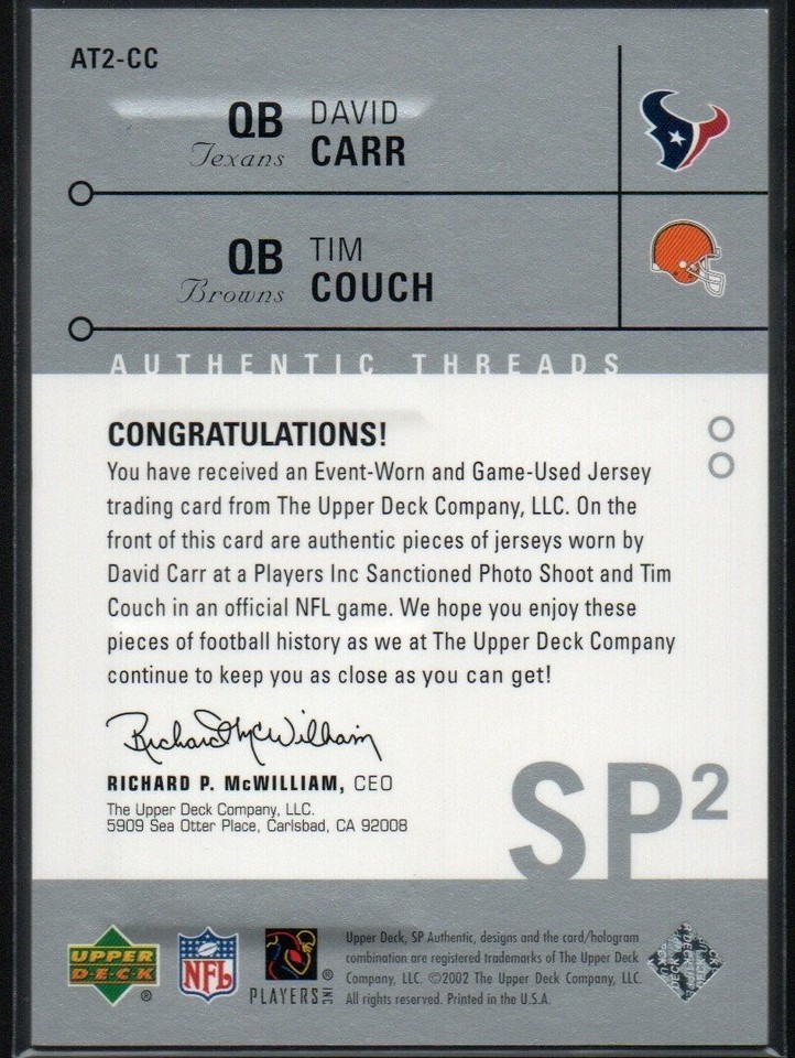 Tim Couch David Carr 2002 SP Authentic Threads Doubles Dual Jersey ...