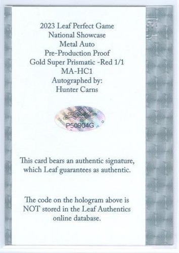 HUNTER CARNS "PRE PRODUCTION PROOF AUTOGRAPH CARD #1/1" LEAF PERFECT ...