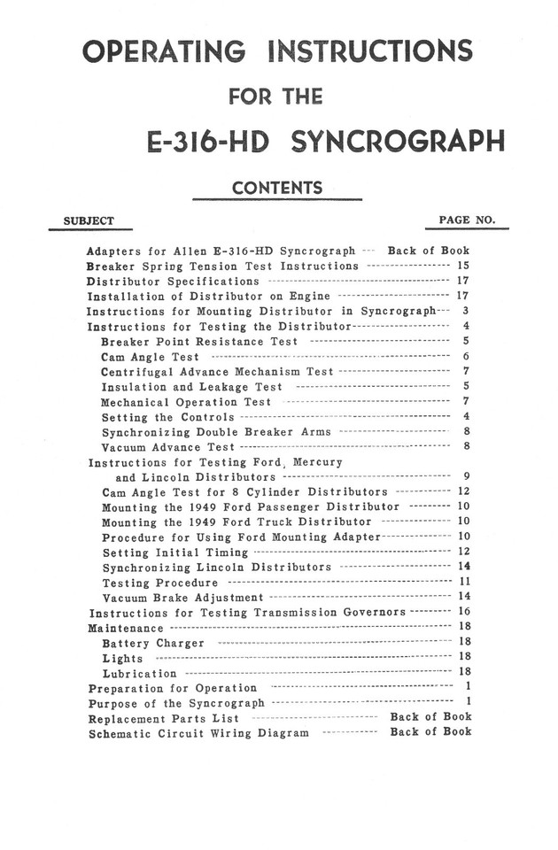 Allen Electric Co. Distributor Tester Model E-316-HD Syncrograph Owner ...