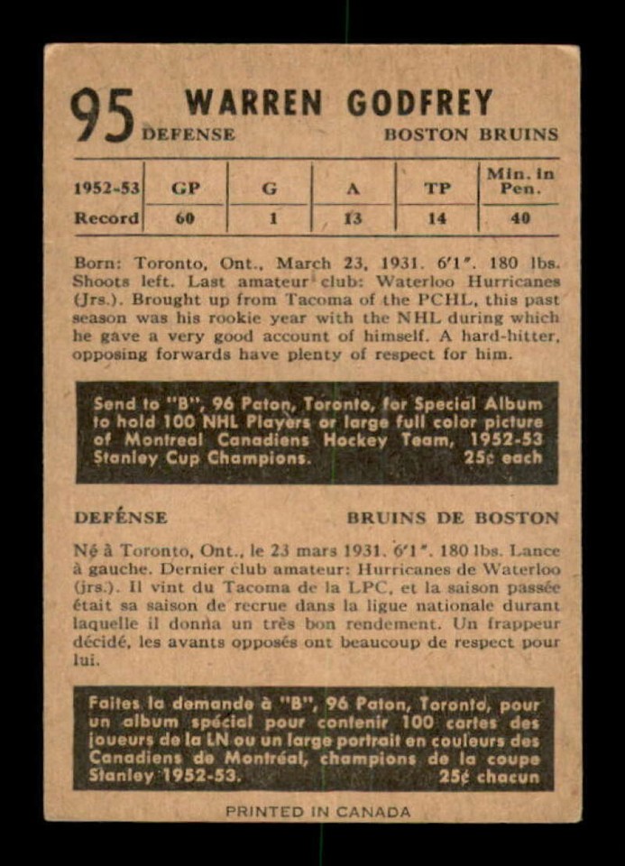 1953-54 Parkhurst #95 Warren Godfrey VGEX Bruins 543425 | eBay