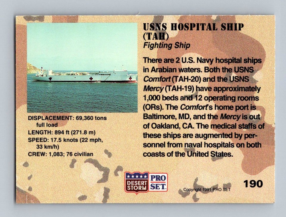 1991 Pro Set Desert Storm Card #190 USNS Hospital Ship (TAH) | eBay