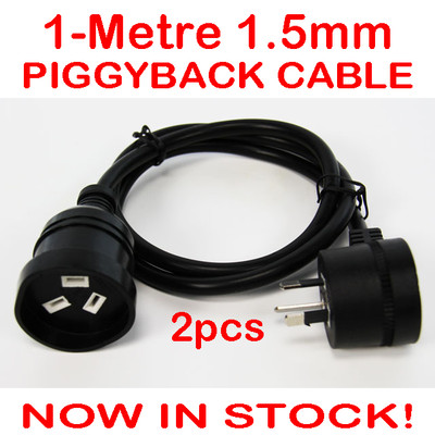 2x 1 Metre Power Extension Lead Cord Cable Piggy Back Black 1M ...