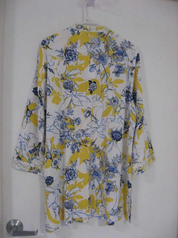 W LANE WHITE FLORAL LINEN BLEND TUNIC TOP WITH SEQUINS AT NECK+CUFFS ...