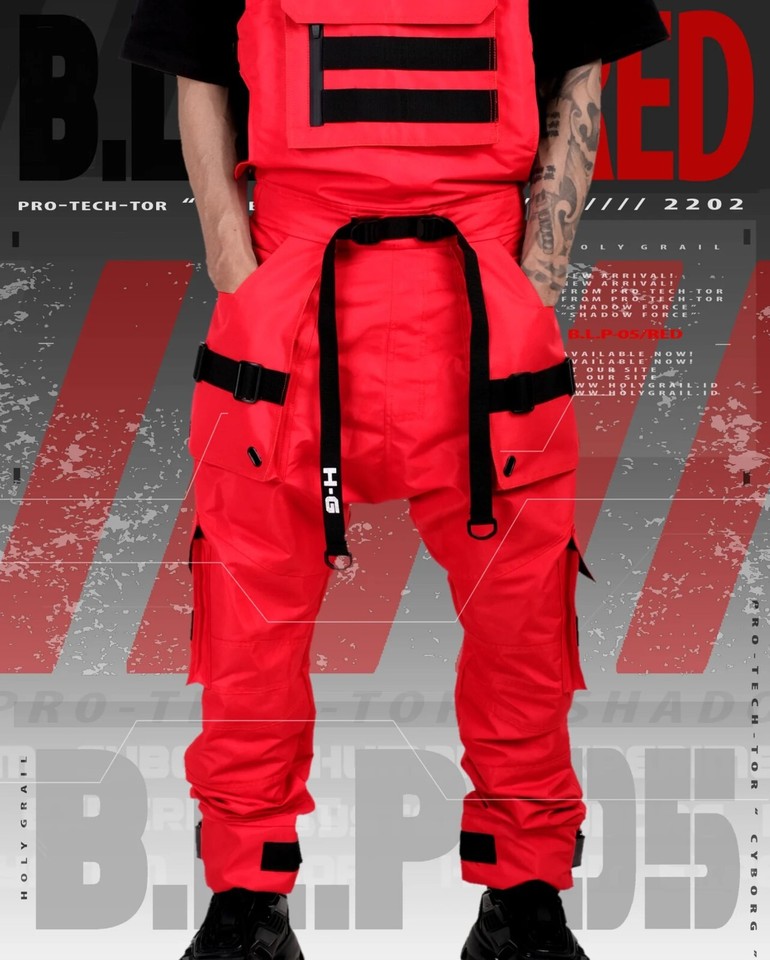 Men's Red Streetwear Techwear Heavy Cargo Trouser Pants Holygrail B.L.P ...