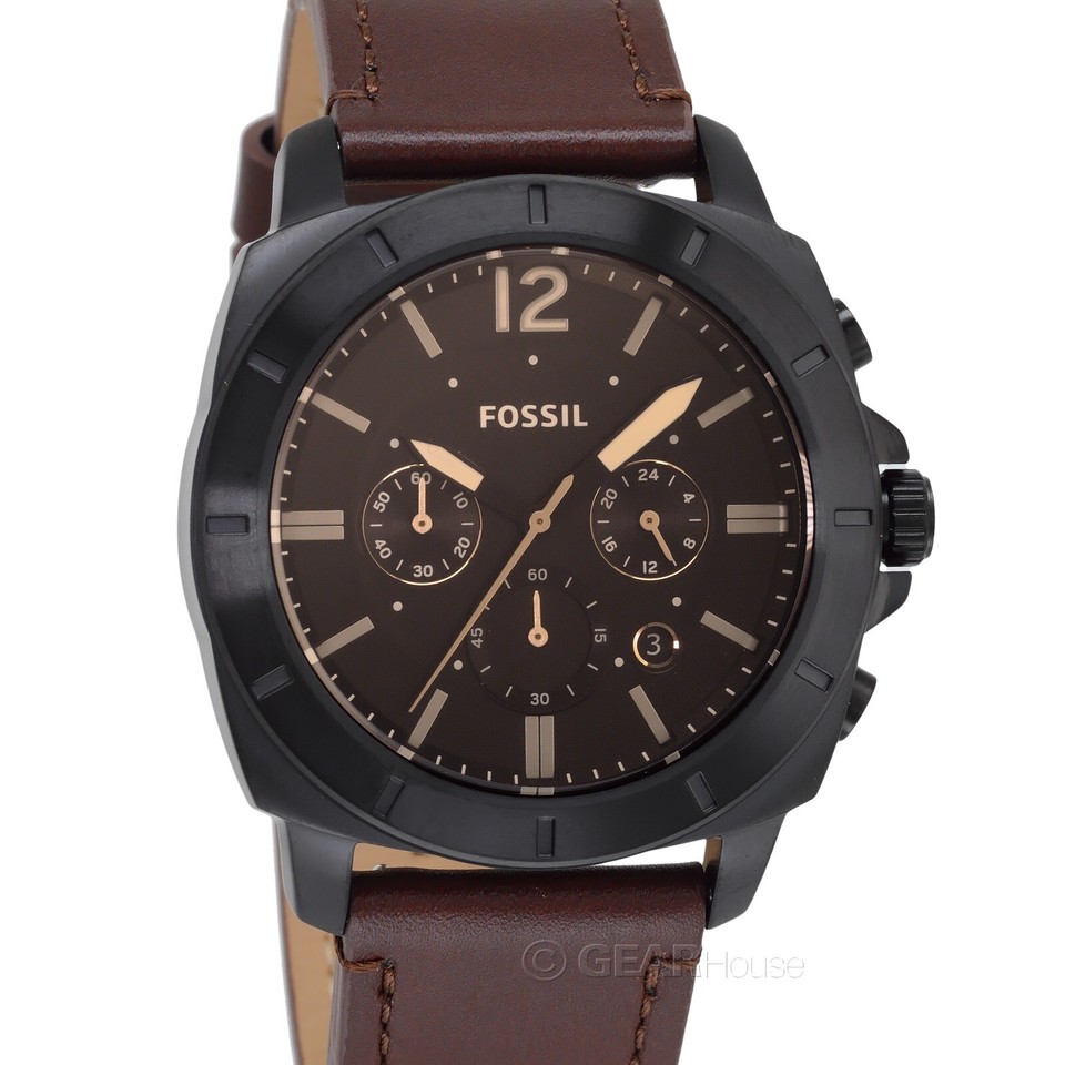 FOSSIL Privateer Mens Chronograph Watch, Black Dial, Brown Leather ...