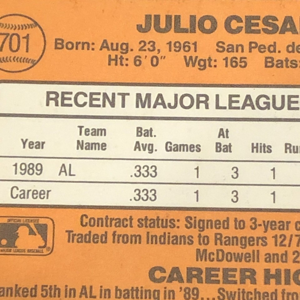 1990 DonRuss Julio Franco triple error card #701 | eBay