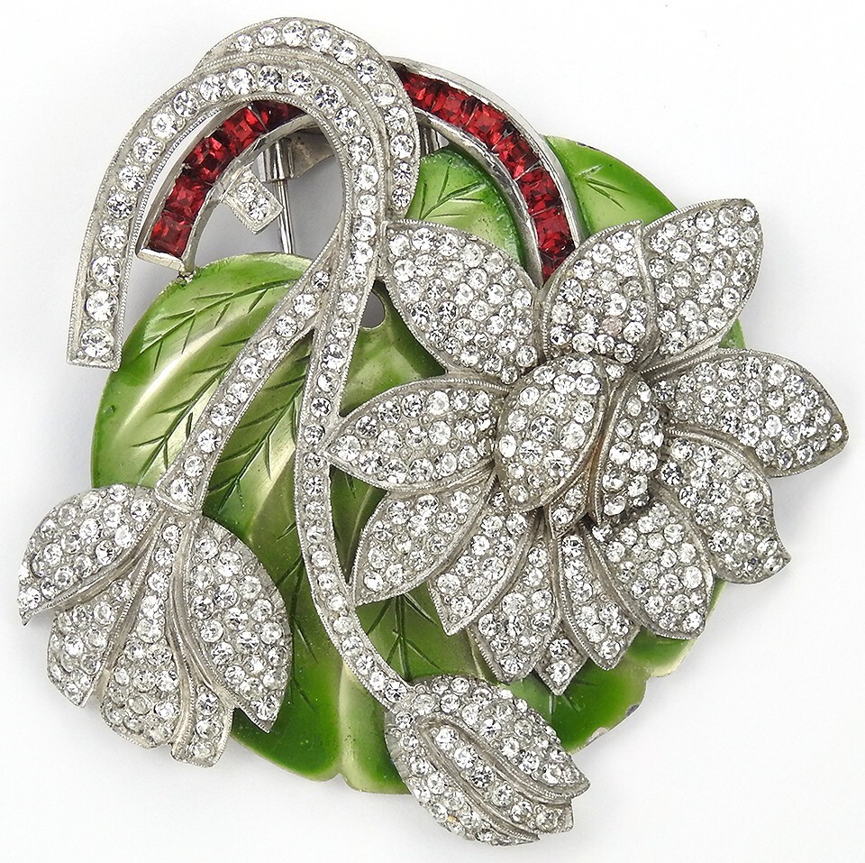 Dujay Pave Metallic Enamel Flowers Invisibly Set Ruby Stem Floral Spray ...
