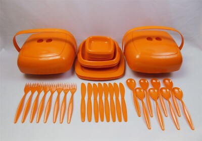 Vintage Retro Pic-Nic-Pac Plastic Picnic Set 40 Piece Stacking Orange ...