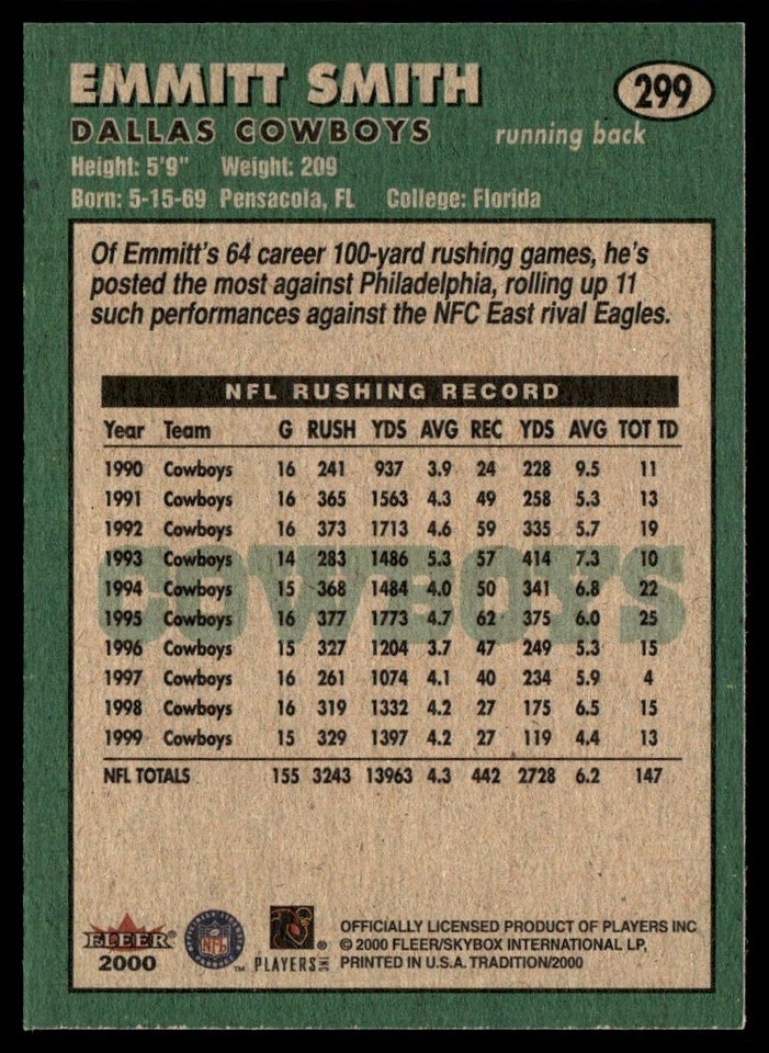 2000 Fleer Tradition Emmitt Smith Dallas Cowboys #299 | eBay UK