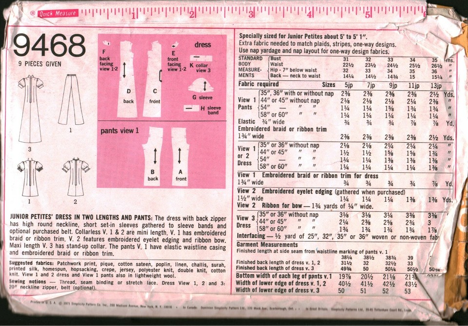 9468 Vintage Simplicity Sewing Pattern Misses Dress Two Lengths Pants OOP Sew | eBay