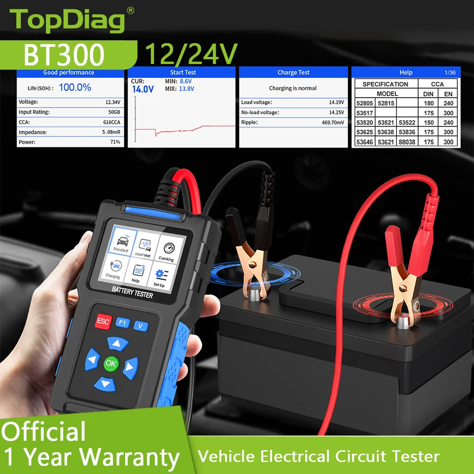 BT300 12V 24V Car Motorcycle Battery Tester Vehicle Moto Charger Test ...