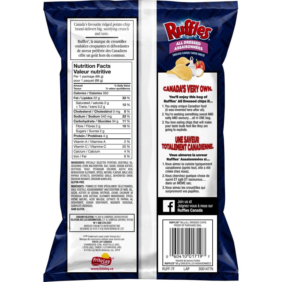 9 Small Snack Bags of RUFFLES All Dressed Potato Chips, 66g Each- Free ...