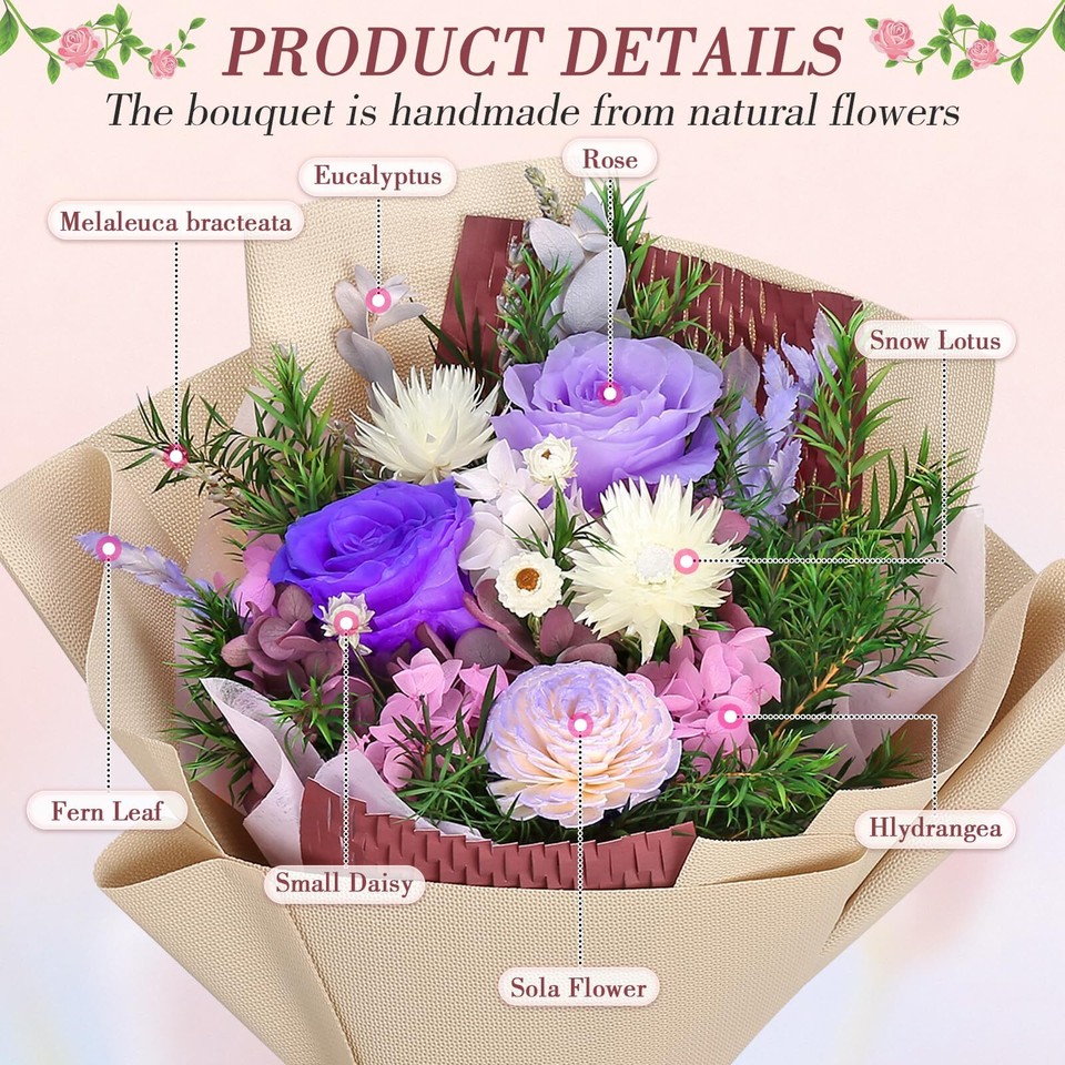 Preserved Flowers Bouquet Natural Real Long Lasting Roses and Flowers ...