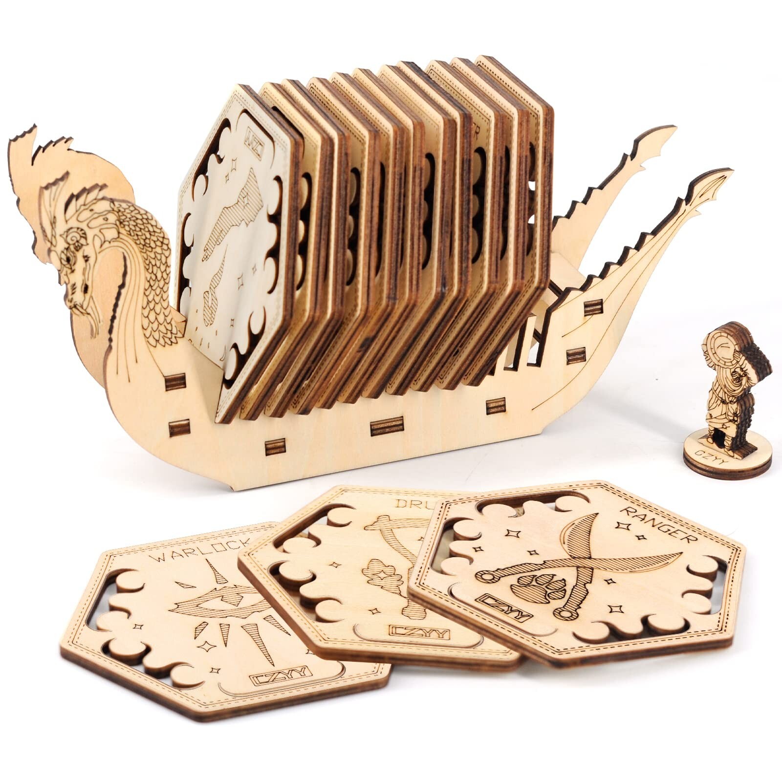 D&D Class Coasters Set of 14 with Holder Hexagon Gaming Mug Mats Wooden ...