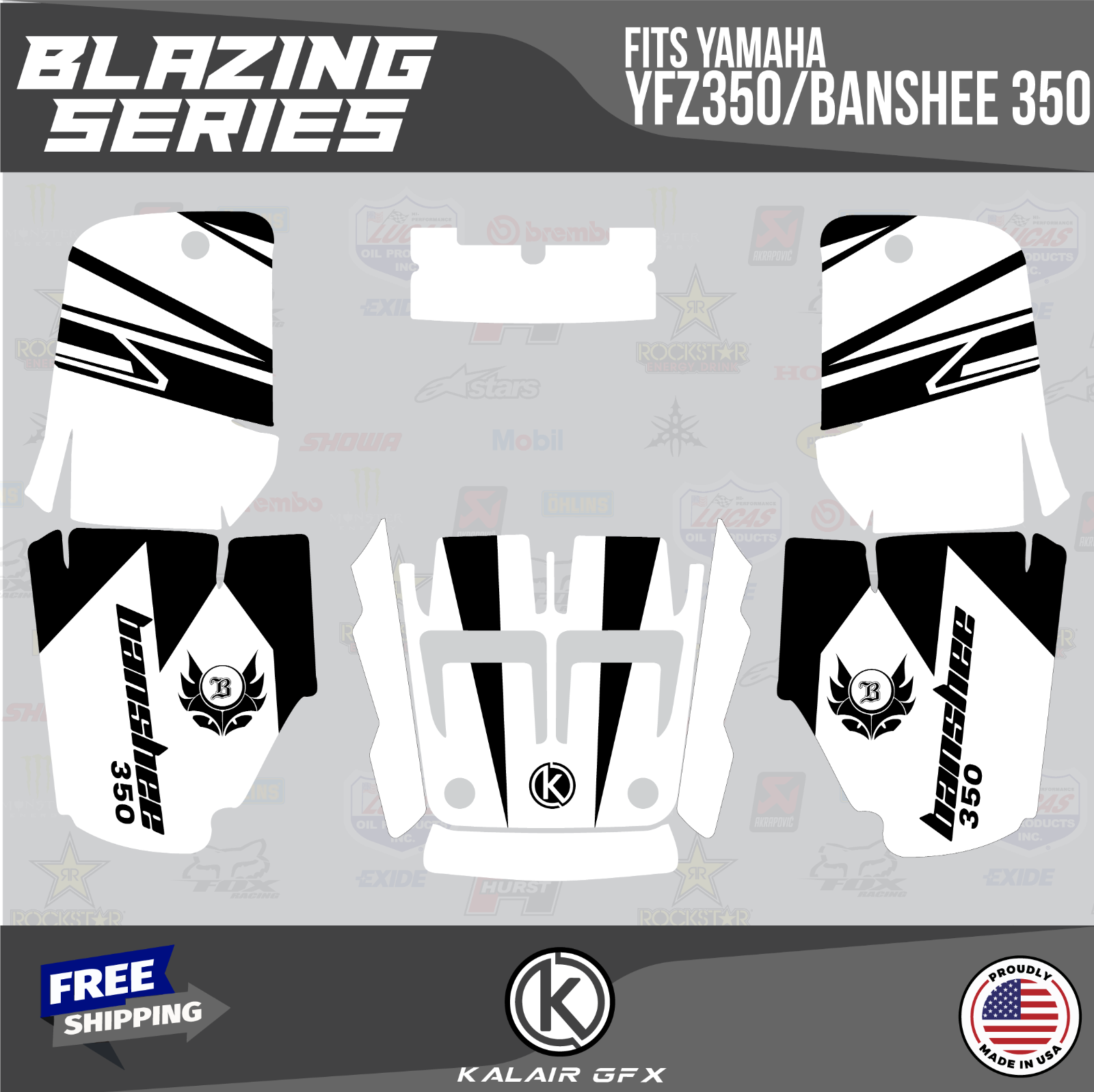 Graphics Kit for YAMAHA Banshee 350 Graphics Kit 16 MIL Blazing - White ...