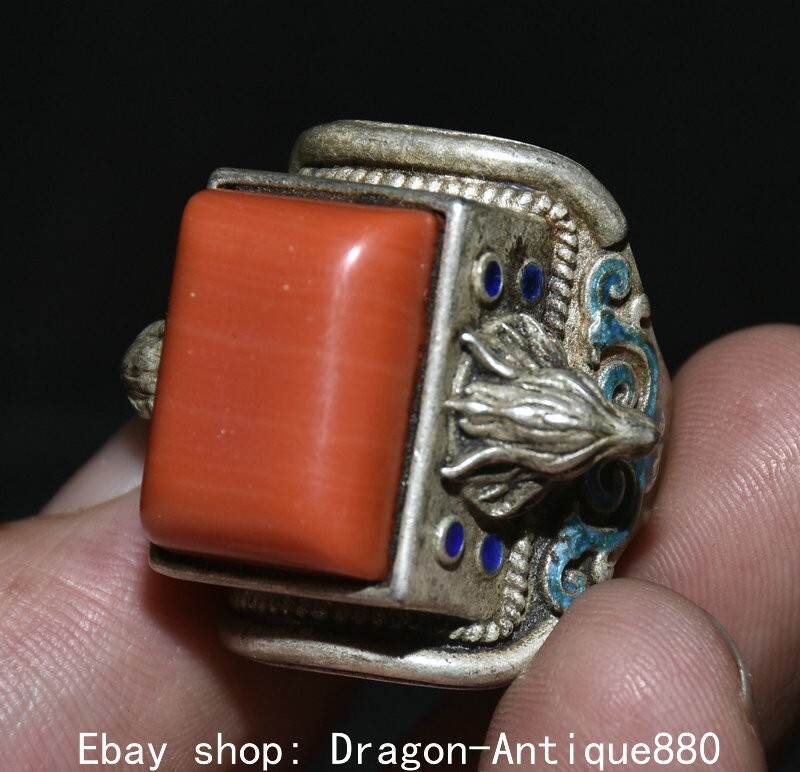 1.6" Rare Ancient Chinese silver inlay Red pine stone Dynasty Beast ...