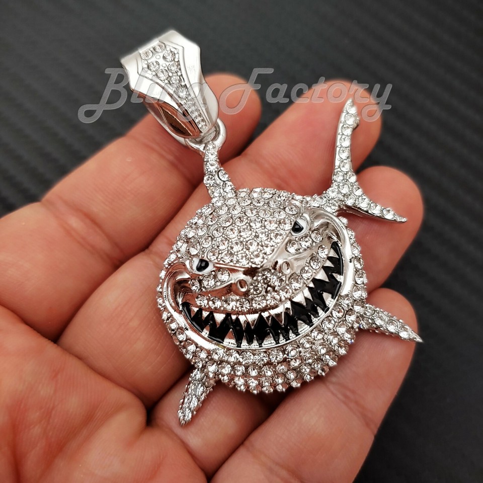 6ix9ine Silver PT Iced Shark Pendant & 18" Iced Cuban & 1 Row Chain ...
