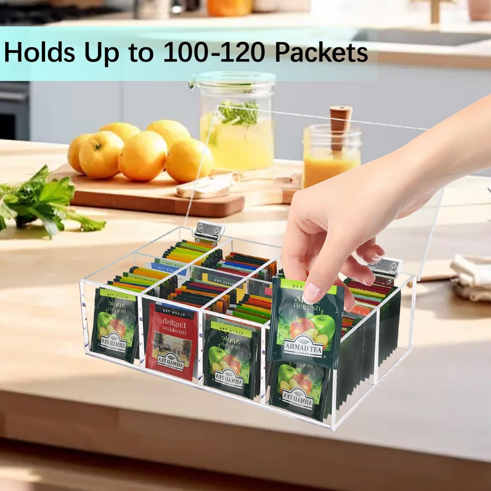 Tea Bag Organizer Acrylic Holder Clear Packet Storage Box With Lid ...