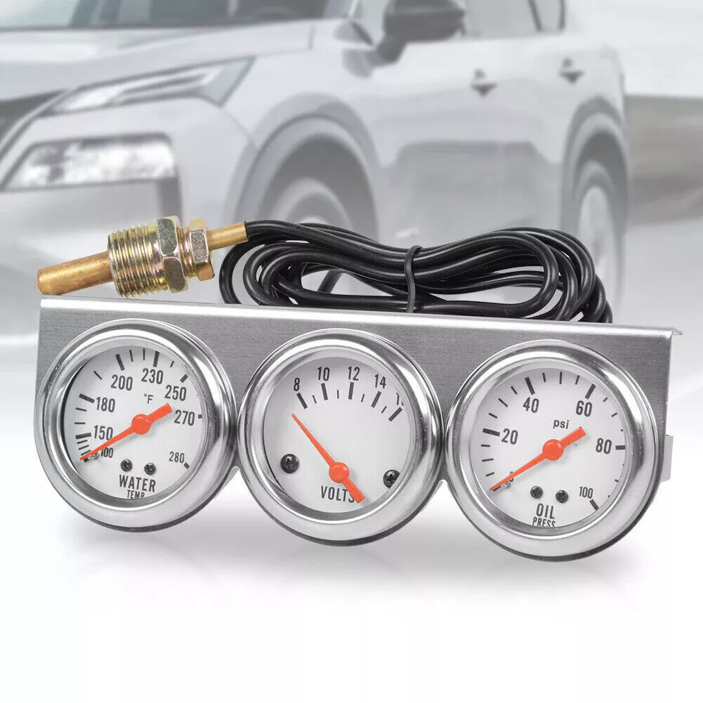 2" 52mm Chrome Car Triple Gauge Set Kit 3 in1 Water Temp Oil Pressure ...