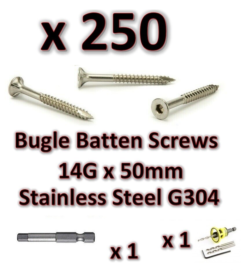 250 x 14G x 50mm Bugle Batten Screws Stainless 304G + 14G Macsim Clever ...