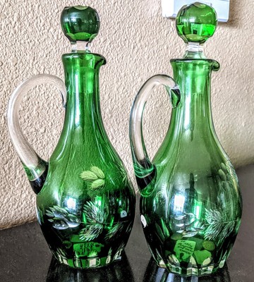 Moser Lausitzer Emerald Green Etched Decanters Cruets Cut to Clear 8 3/ ...