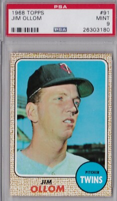 1968 TOPPS #91 JIM OLLOM, PSA 9 MINT, SET BREAK- MINNESOTA TWINS ...