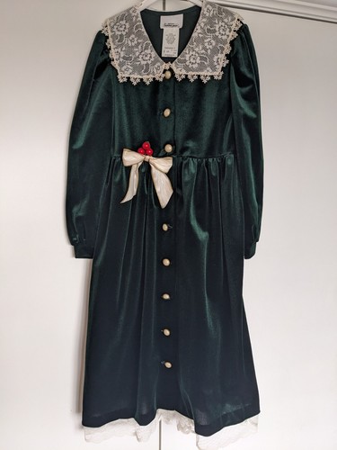 Vintage Bonnie Jean GREEN VELVET LACE TRIM COLLAR COTTAGE CORE DRESS 10 ...
