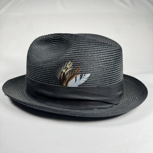 Pinzano Black Straw Fedora Hat Genuine Milan - Size 7 5/8 Feathers (#61 ...
