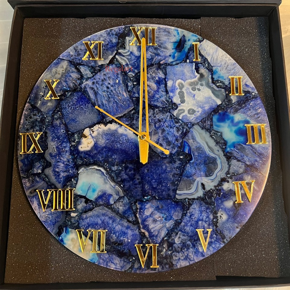Blue Agate Wall Clock – Natural Gemstone Handmade Luxury Home Decor ...