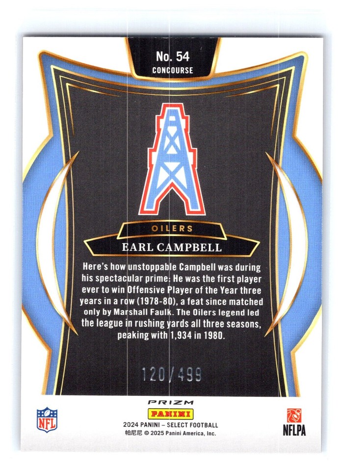 2024 Select Football Concourse Level Orange Shock /499 Earl Campbell | eBay