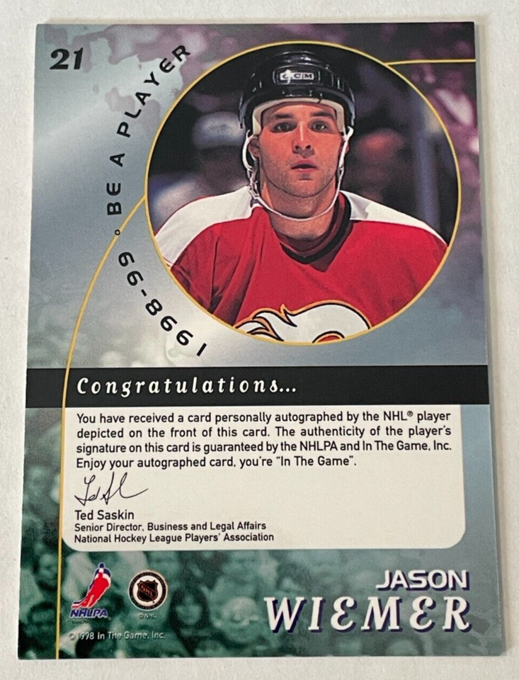 1998-99 In The Game Be A Player Jason Wiemer AUTOGRAPH Auto #21 Calgary ...