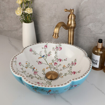 16"Bathroom Flower Round Blue Ceramic Basin Vessel Vanity Sink+ Faucet ...