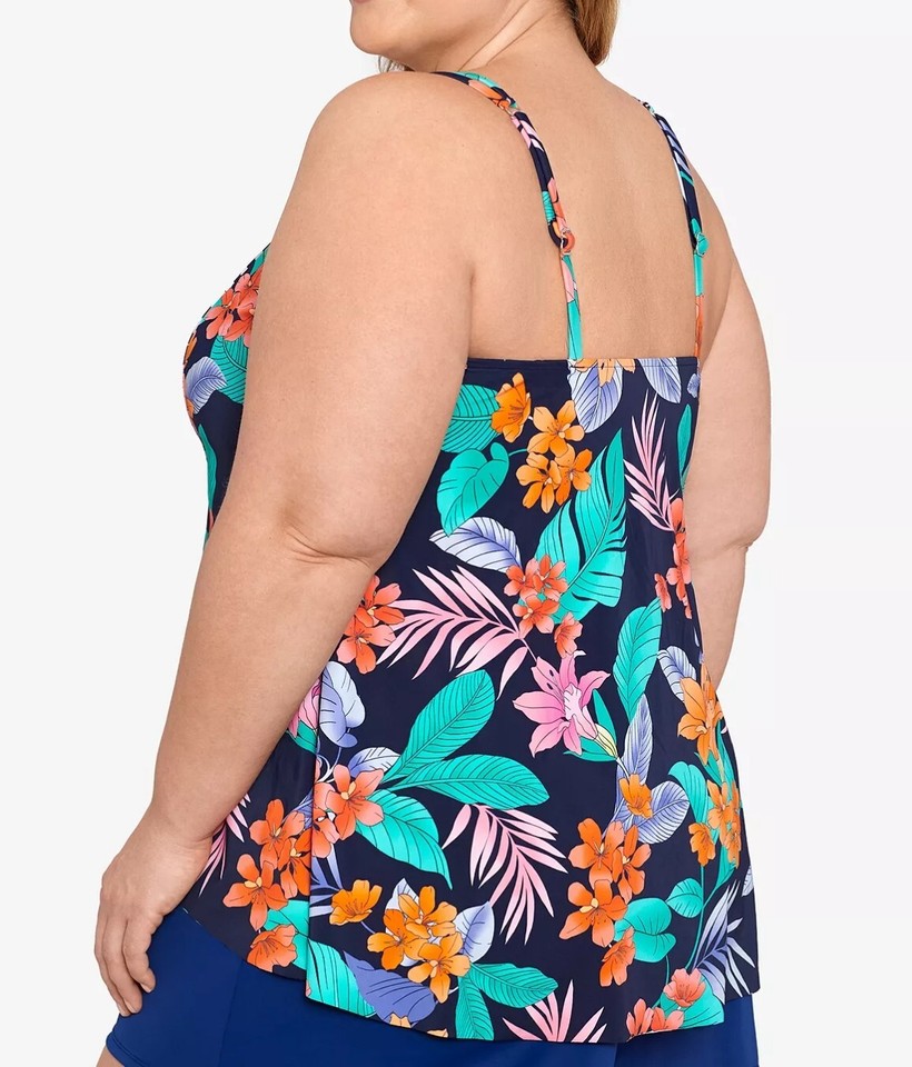 SWIM SOLUTIONS Plus Size Printed Double-Strap Princess Tankini Top Navy ...