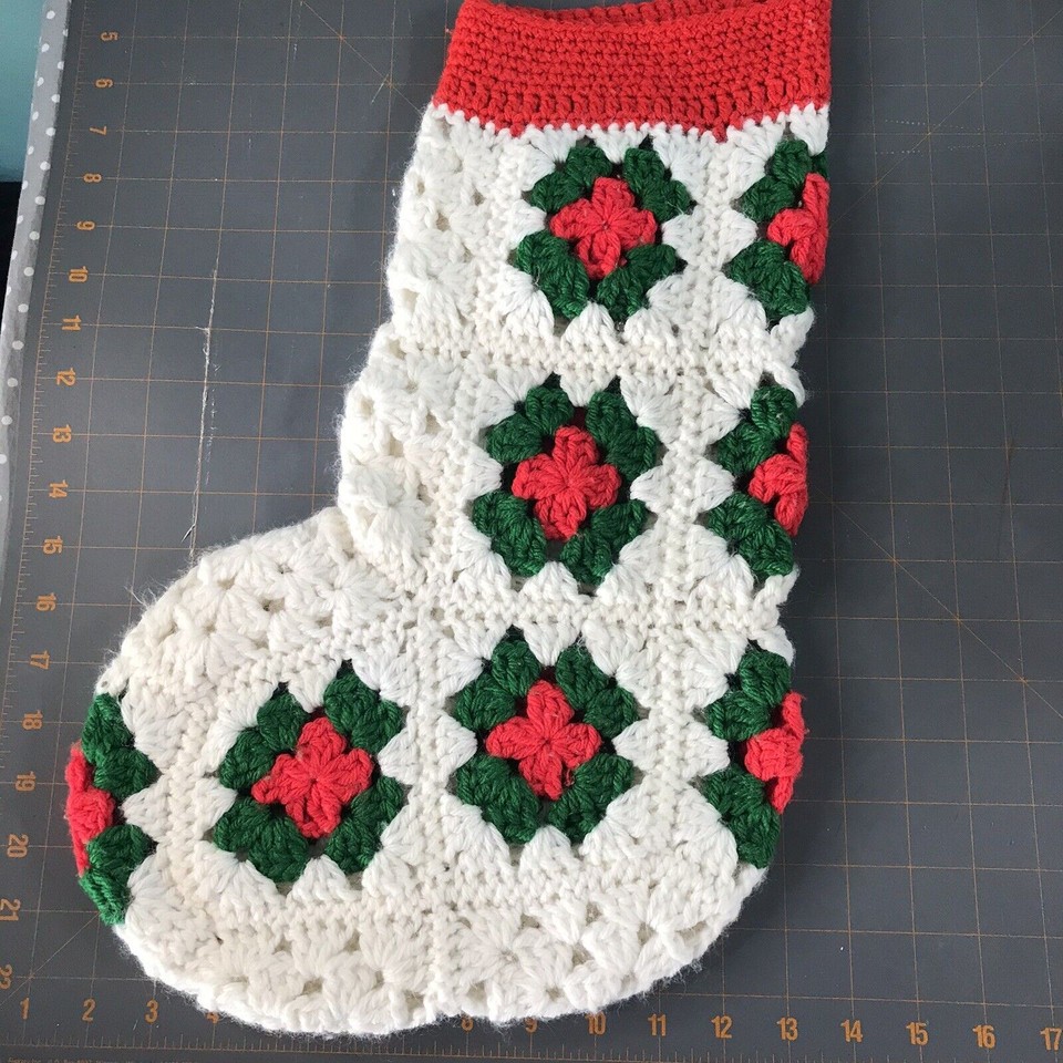 Vintage Handmade Granny Square Crochet Christmas Stocking Green Red ...
