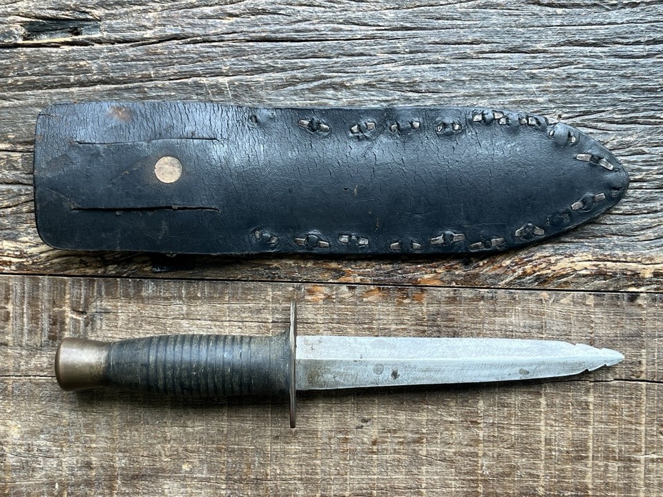 WW2 WWII US Theater Made Trench Art Knife w/ Leather Sheath Dagger ...