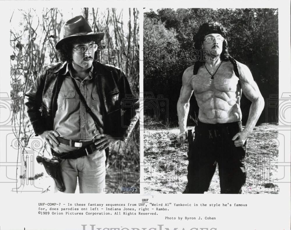 1989 Press Photo "Weird Al" Yankovic as Indiana Jones & Rambo in "UHF ...