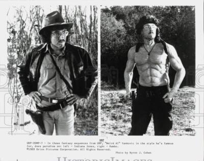 1989 Press Photo "Weird Al" Yankovic as Indiana Jones & Rambo in "UHF ...