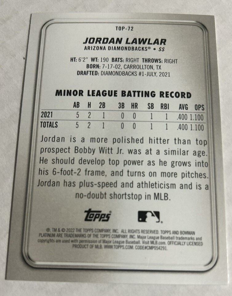 Jordan Lawler 2022 Bowman Platinum Arizona Diamondbacks Baseball Card # ...