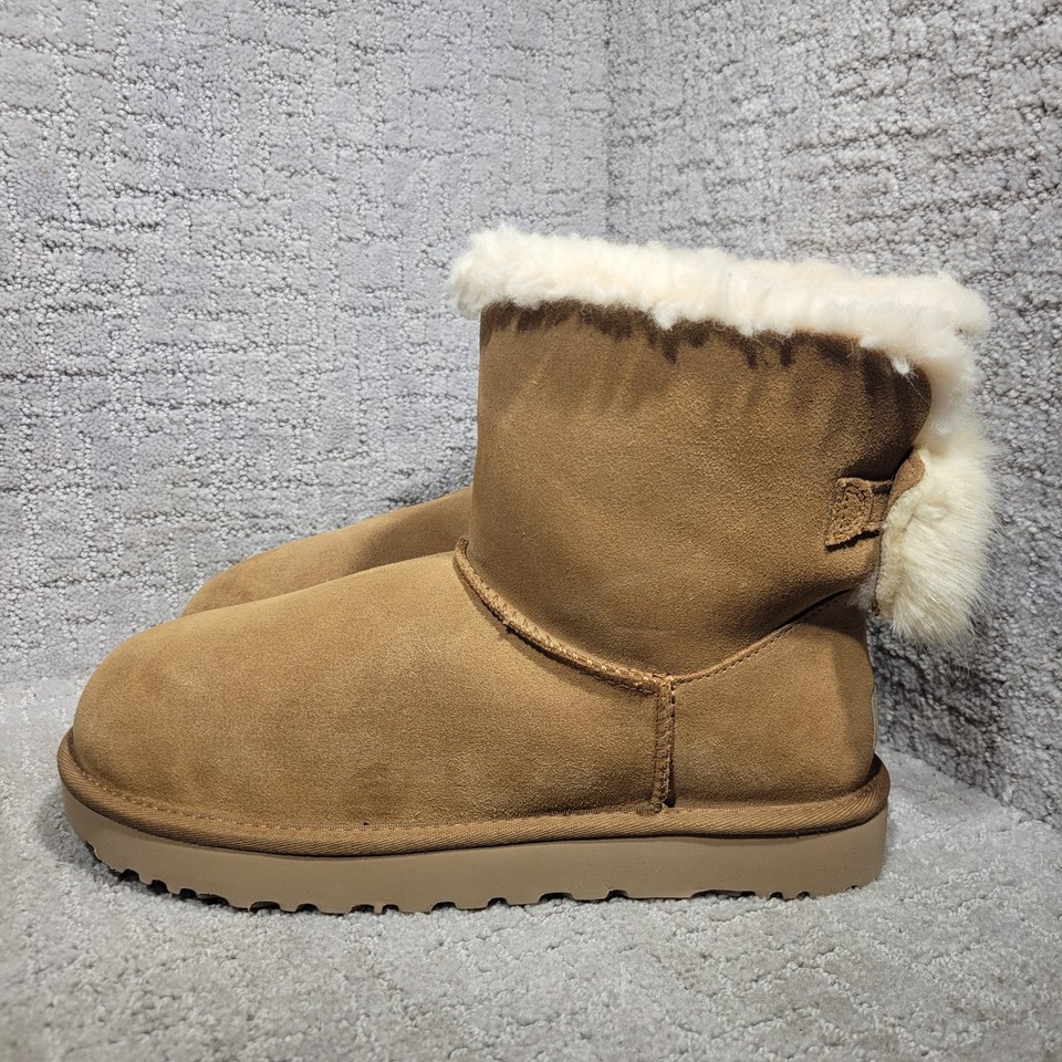 UGG Mini Emmie Bow Womens Size 10 Chestnut Suede Shearling Pull on Boots 1109854 | eBay