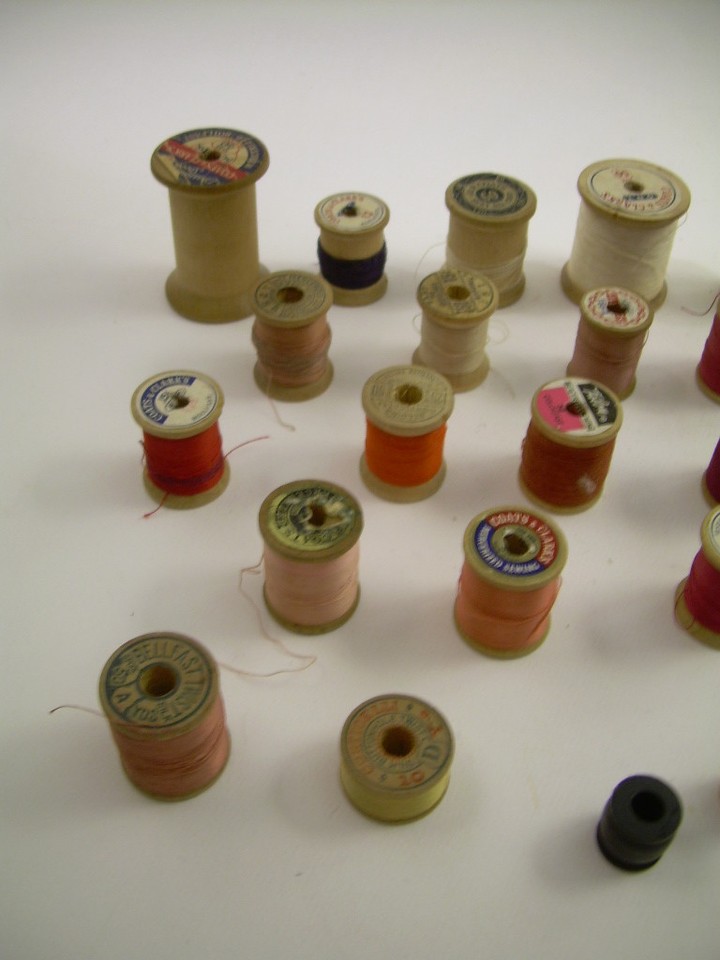 46 vintage wood thread spools SILK + COTTON sewing restoration projects ...
